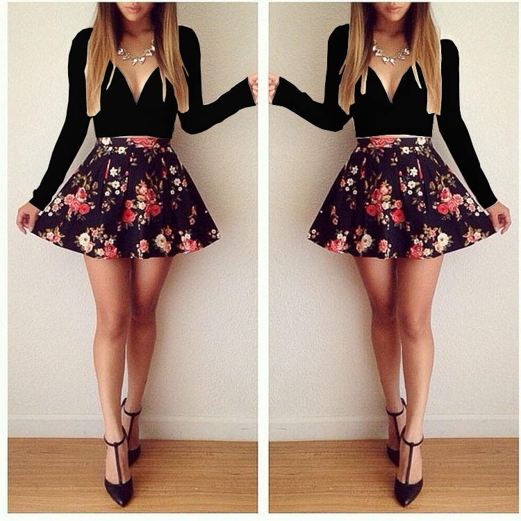 Night Club Dress Color Block Floral Printing Long Sleeve V-neck Dress ...