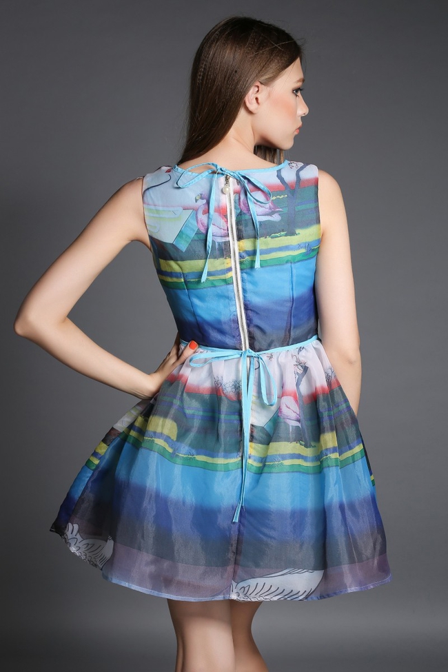 Chinese Ink Painting Smart Waist Elegant Dress Sleeveless Fluffy ...